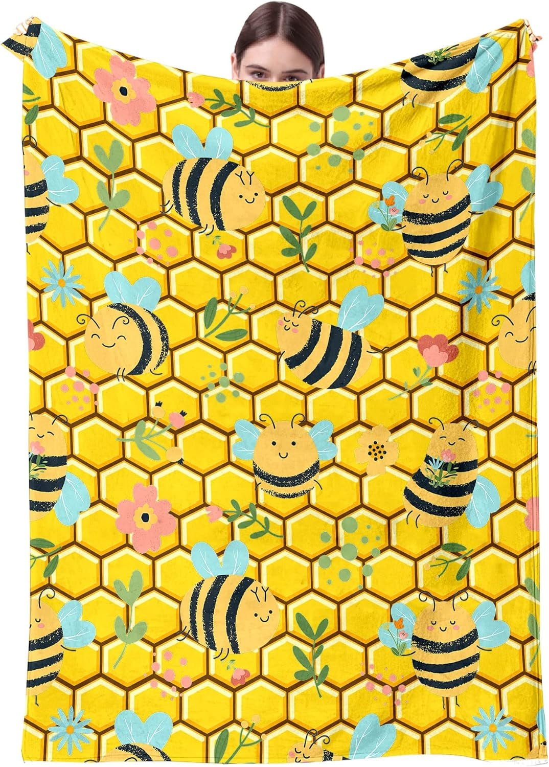 JXNUO Cute Bee Blanket Bee Gifts for Kids Adults Flowers Yellow Fleece Plush Throw Blanket for ...