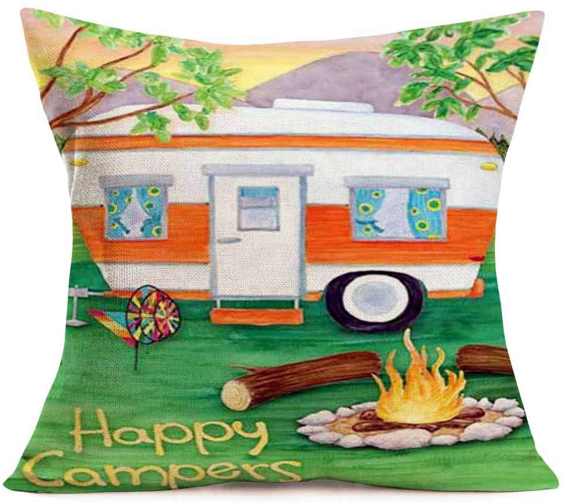 JXNUO Happy Camper Pillow Cover Polyester Fiber Linen Square Decorative ...