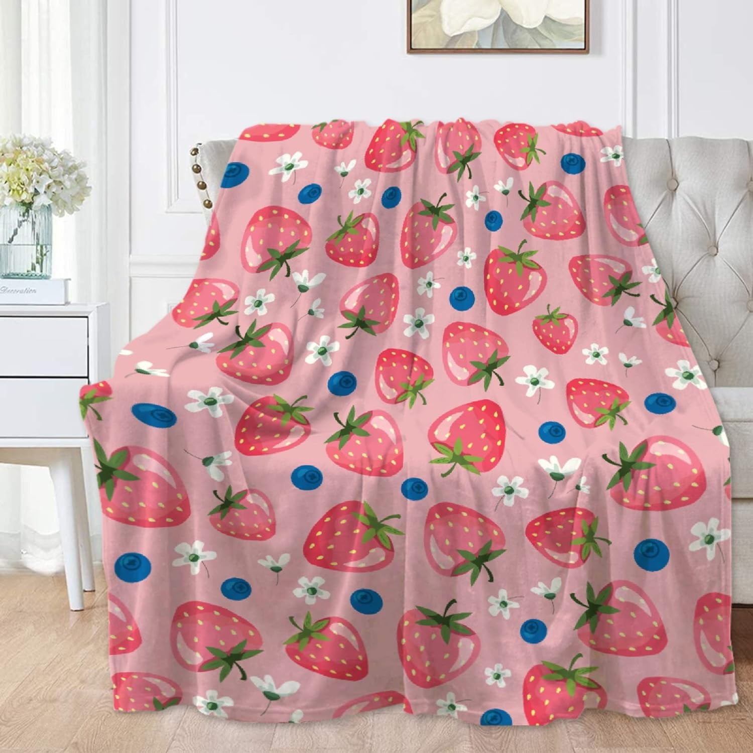 JXNUO Strawberry Cherry Pattern Flannel Throw Blanket Soft Warm Cute ...