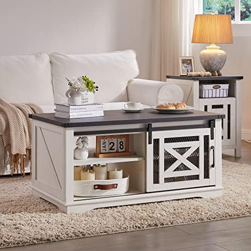 JXQTLINGMU Farmhouse Coffee Table,Rustic Center Table with Dual Side ...