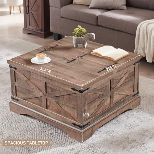 JXQTLINGMU Farmhouse Coffee Table, Square Wood Center Table with Large Hidden Storage ...