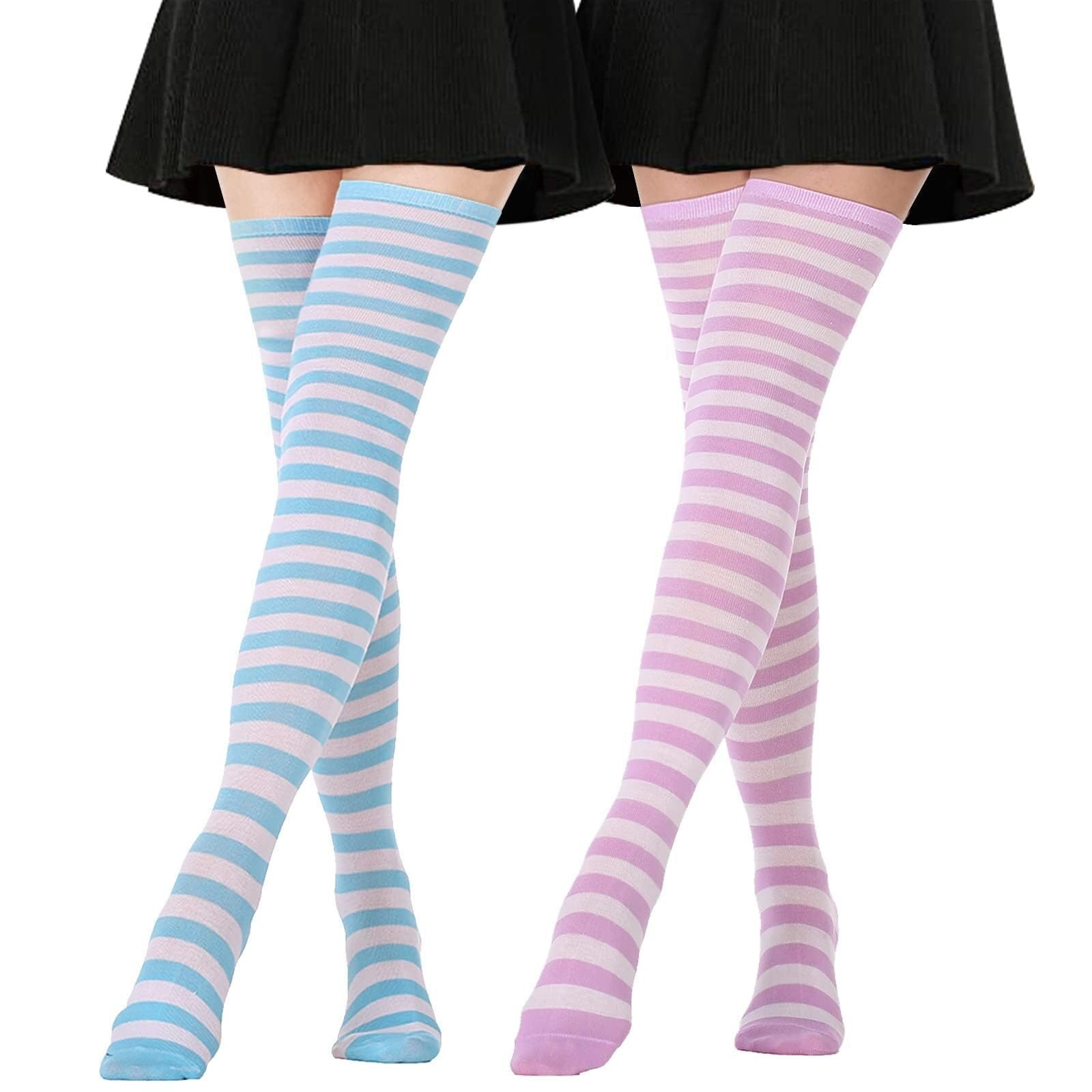 JXW 2 Pairs Extra Long High Thigh Socks Striped Over Knee Thin Tights ...