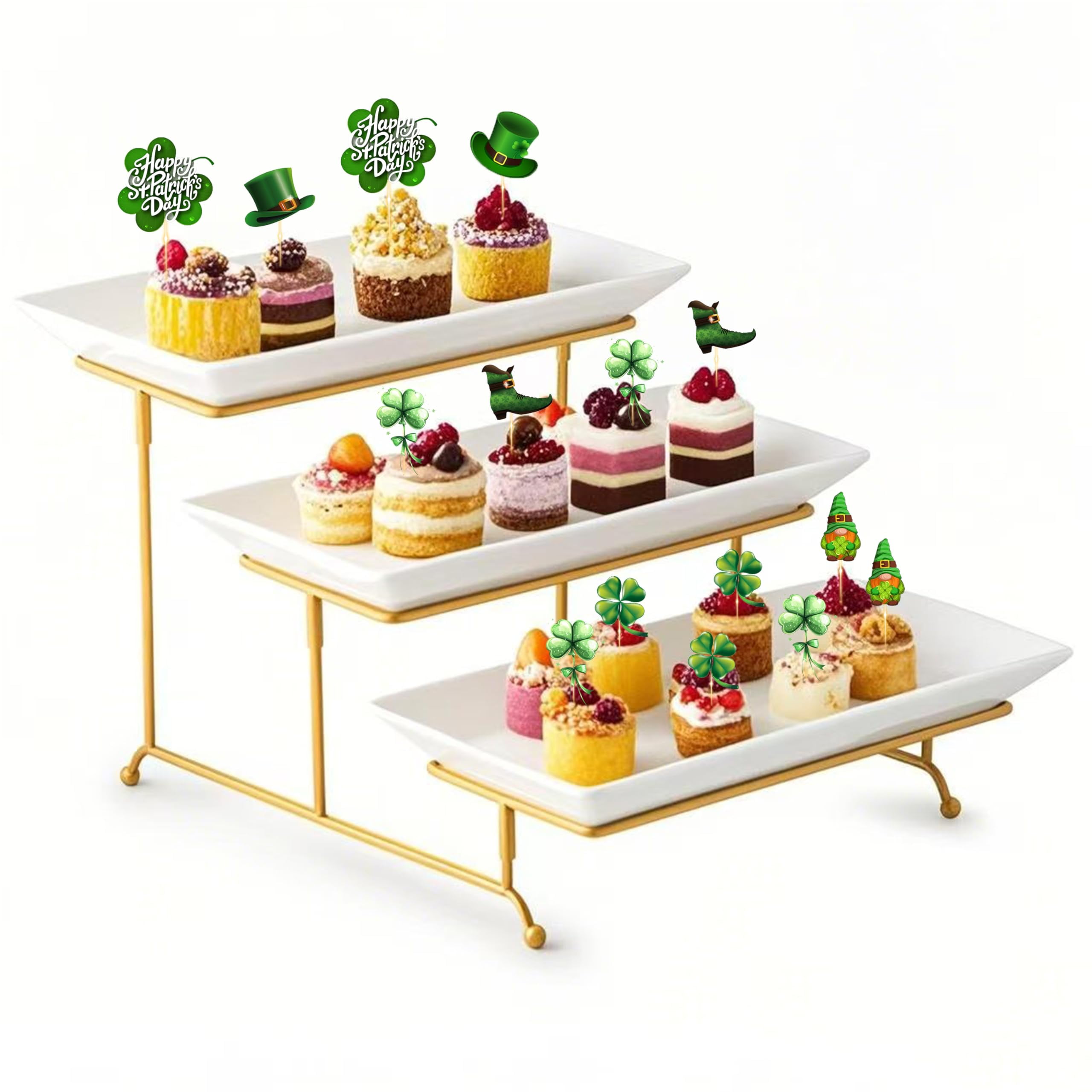 JXW 3 Tier Serving Stand with Porcelain Serving Platter Tray - Collapsible Gold Stand - Walmart.com