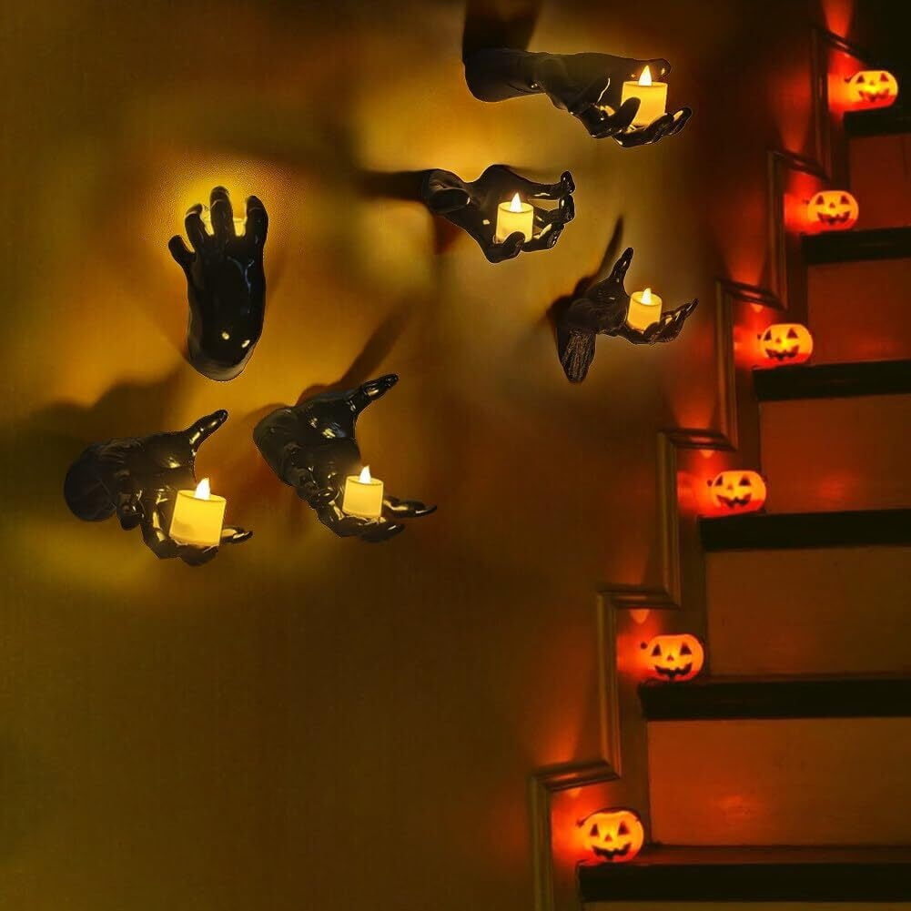 JXW Pack of 6 Wall Mounted Creepy Hands with Lighted Candles Spooky ...