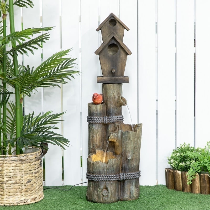 JXXRZ 3-Tier LED Birdhouse Fountain - Weatherproof Rustic Log Waterfall ...