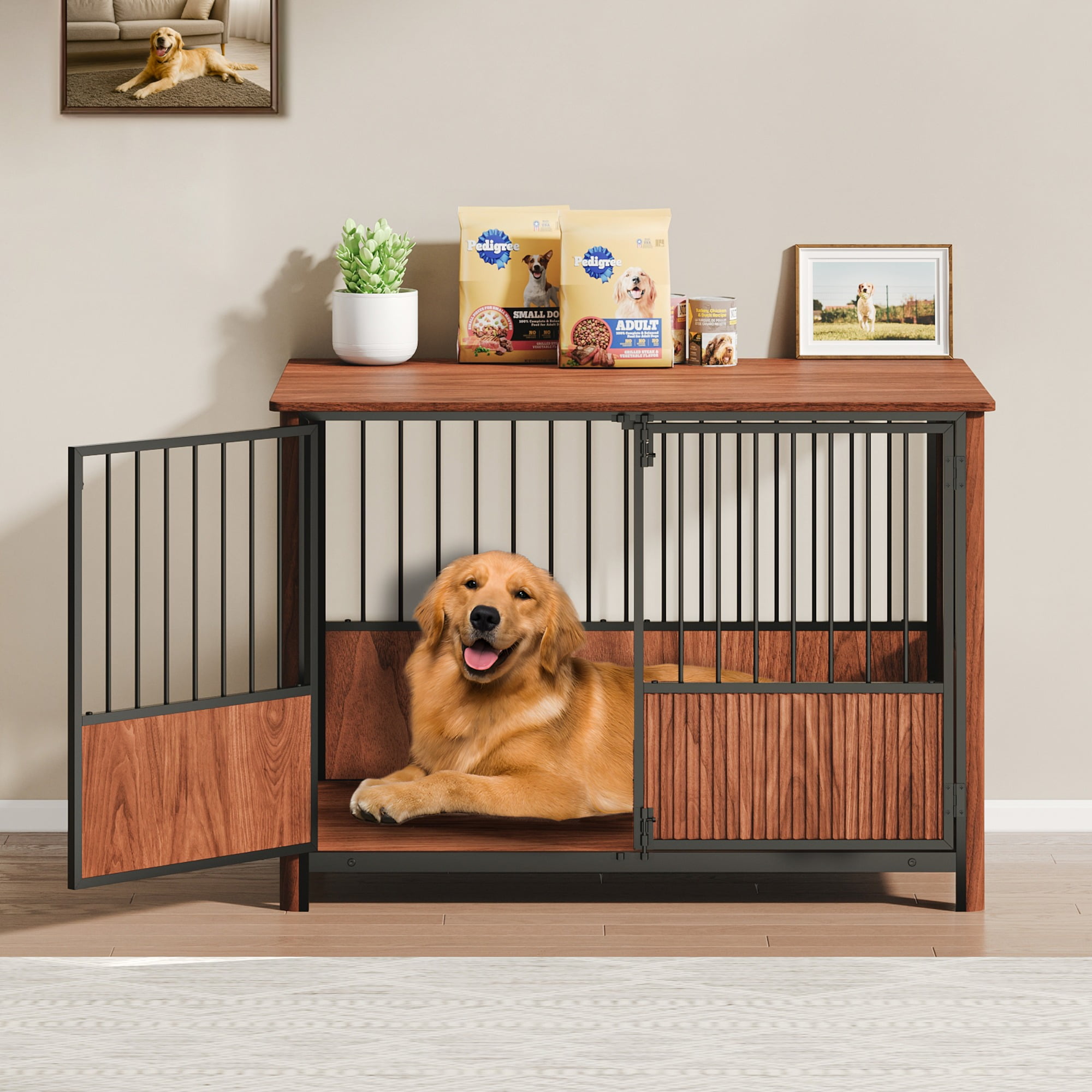 JXXRZ 43'' Walnut Fluted Wood Furniture Style Dog Crate for small ...