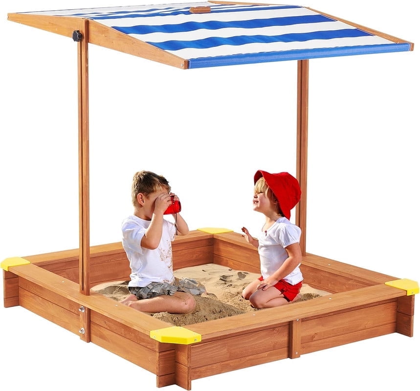 JXXRZ Kids Sandbox with Cover, 46" Wooden Sand Box w/Adjustable Canopy ...