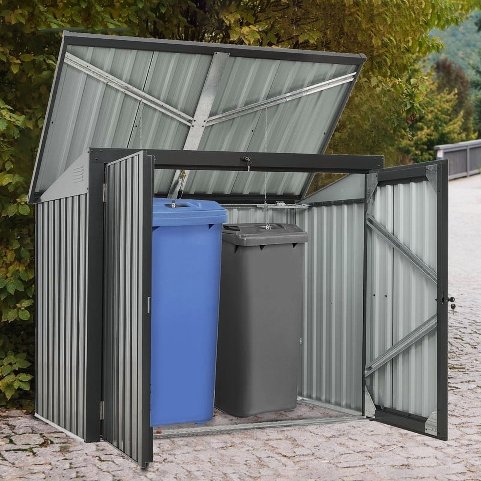 JXXRZ Metal Garbage Bin Shed for 2 Trash Cans with Lockable Doors and ...