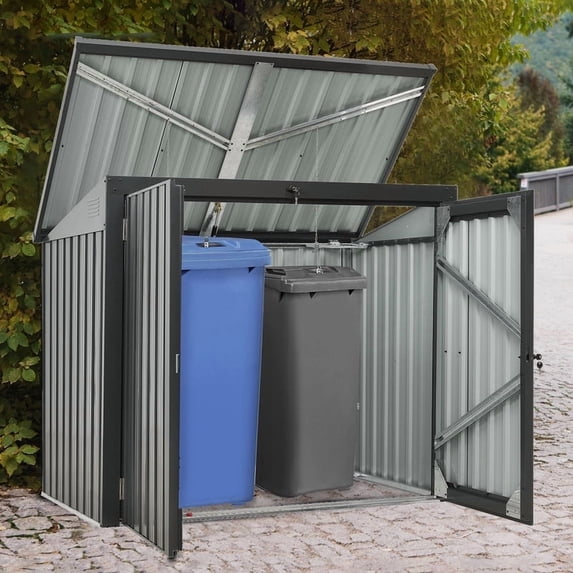 JXXRZ Metal Garbage Bin Shed for 2 Trash Cans with Lockable Doors and ...