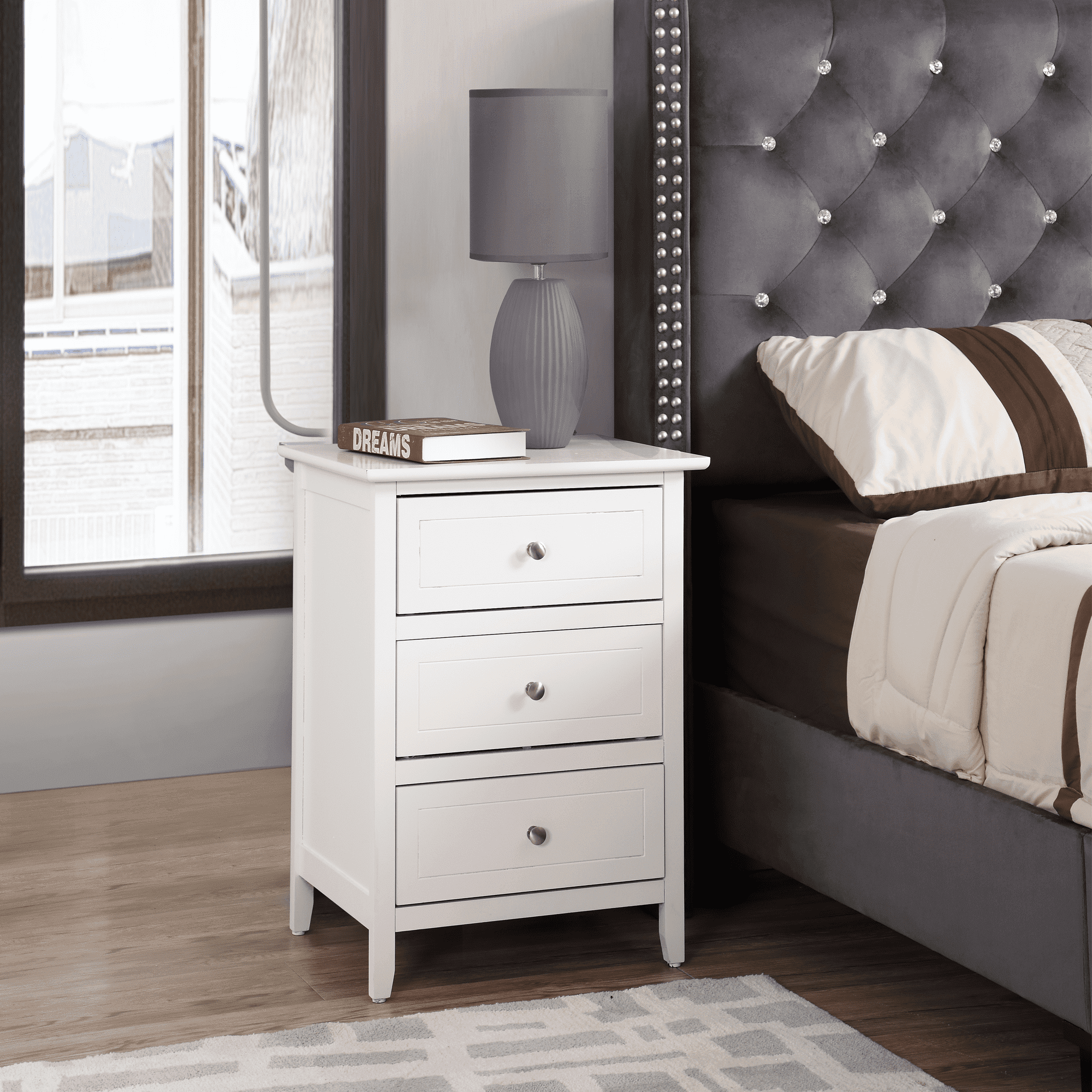 JXXRZ White Transitional Nightstand with 3-drawer, Farmhouse Nightstand ...