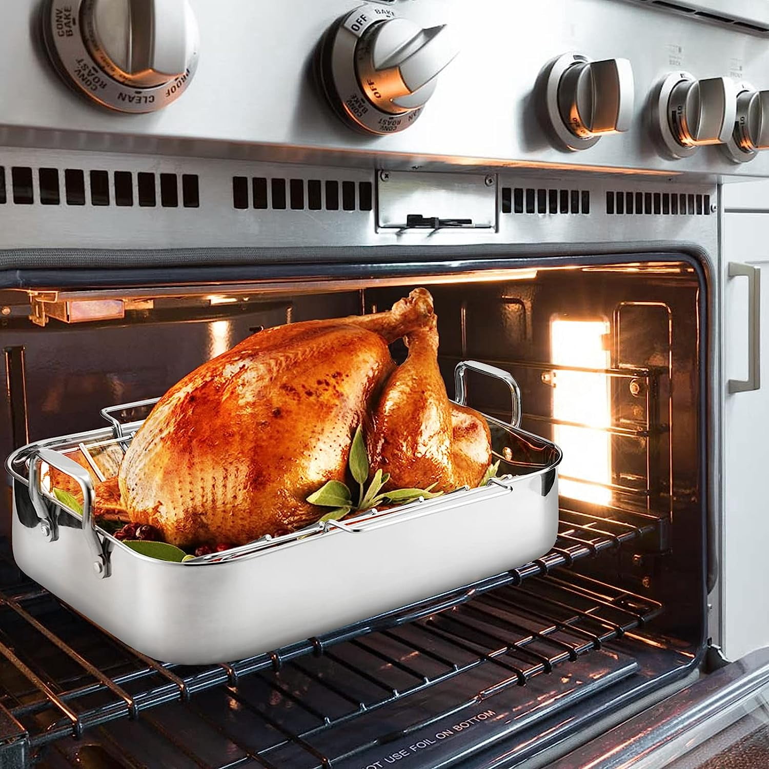 JY COOKMENT Roasting Pan with Baking Rack, 16.5 Inch Stainless Steel ...