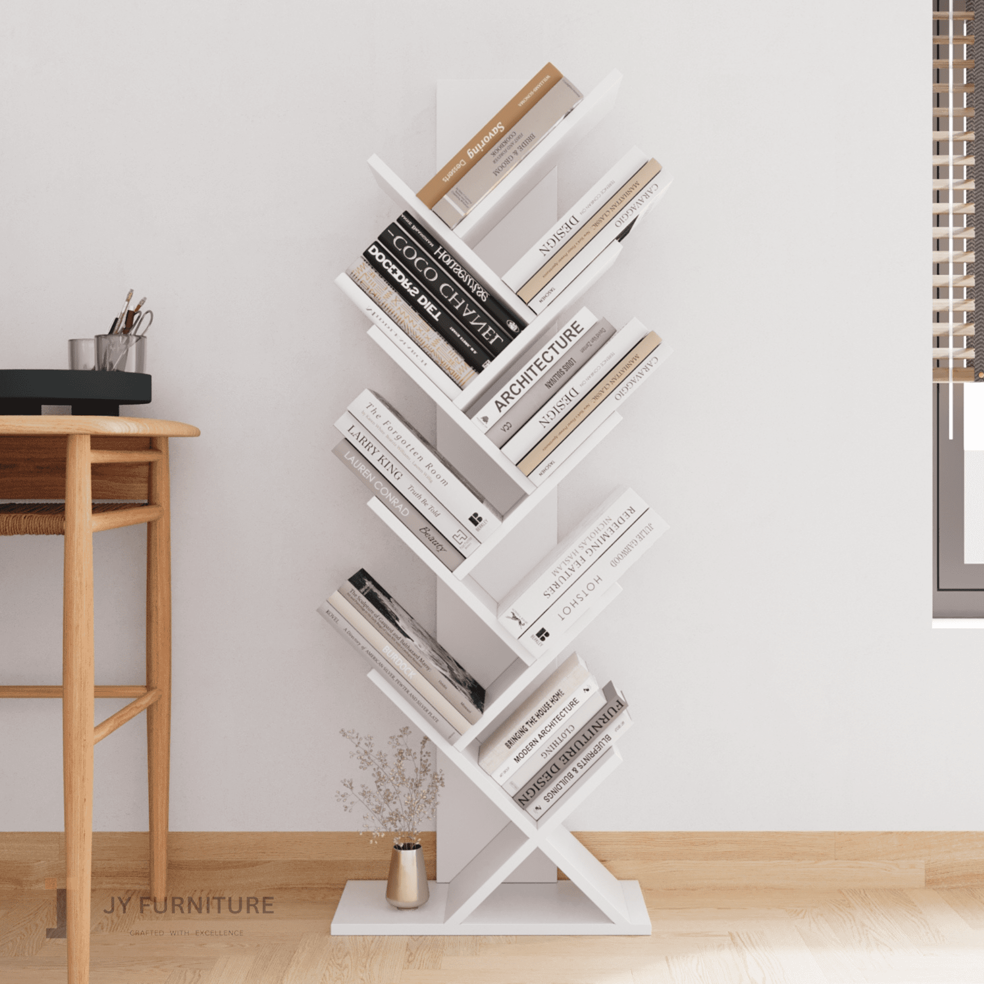 JY Furniture Wood Tree Bookshelf 9-Tier Shelf, Free Standing Tree ...