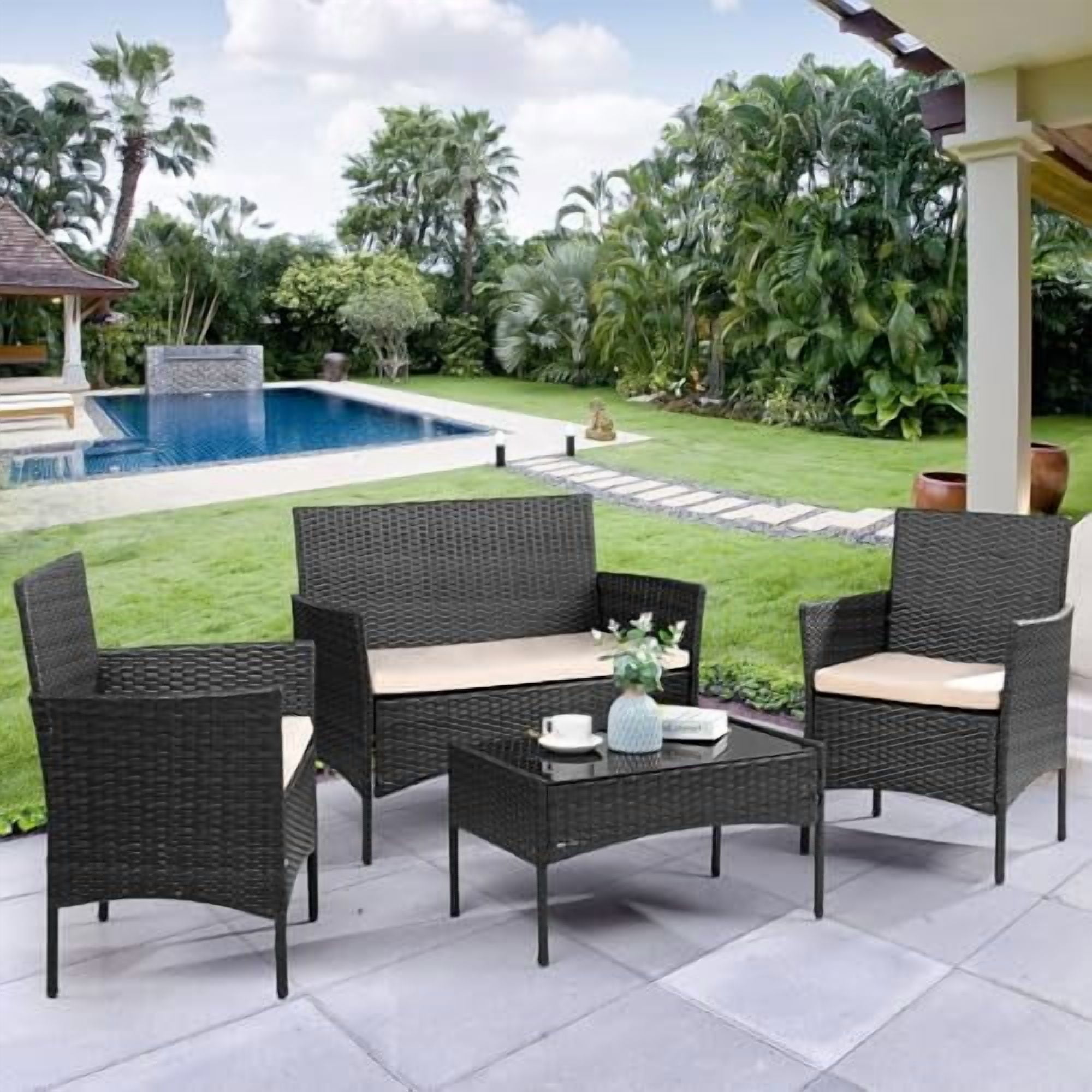 JY QAQA 4 Pieces Patio Furniture Sets All-Weather Rattan Chairs Wicker ...