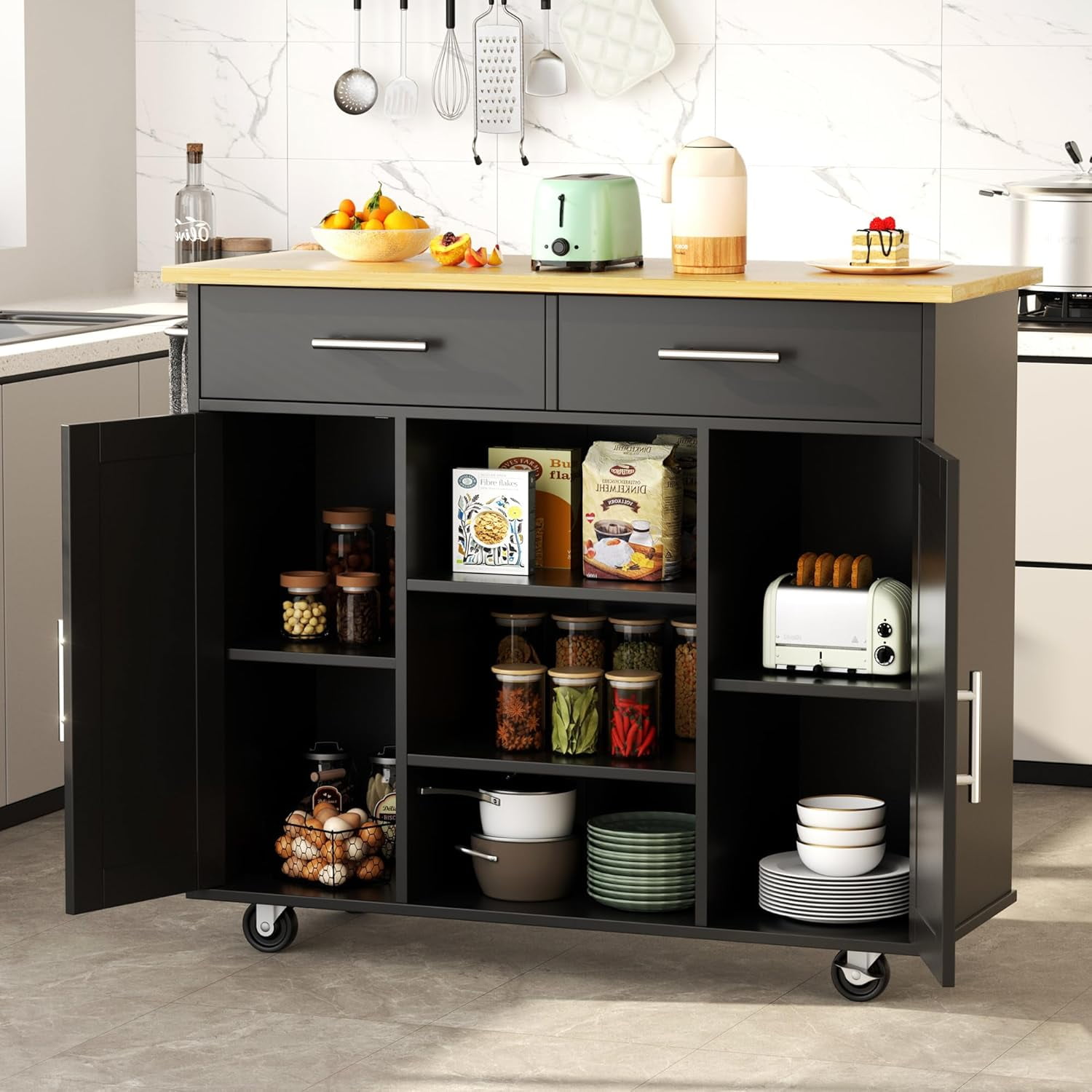 JY QAQA 40" Kitchen Island with Storage on Wheels, Portable Rolling Kitchen Island Cart with ...