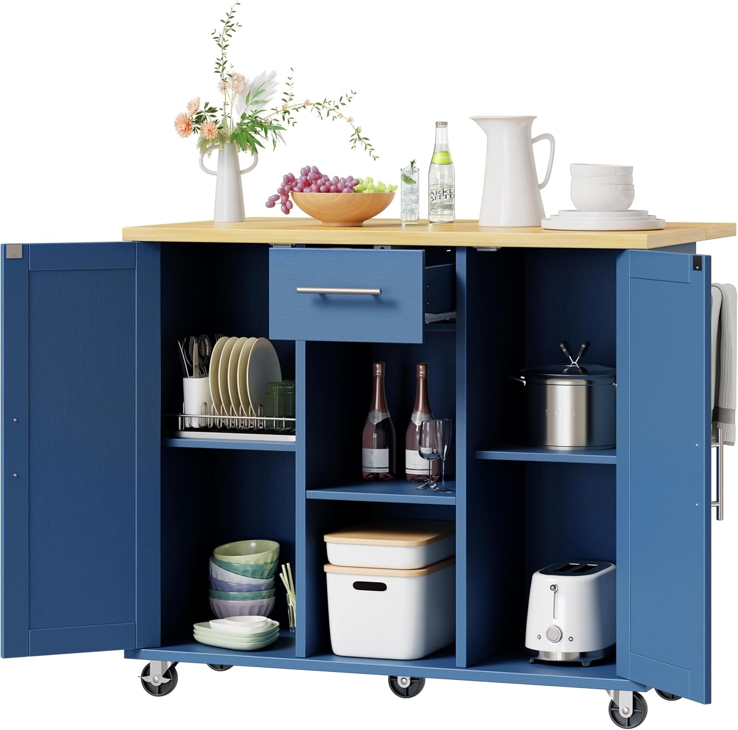 JY QAQA 42" Kitchen Island with Storage on Wheels, Rolling Table with Drop Leaf, Drawers, Cart ...