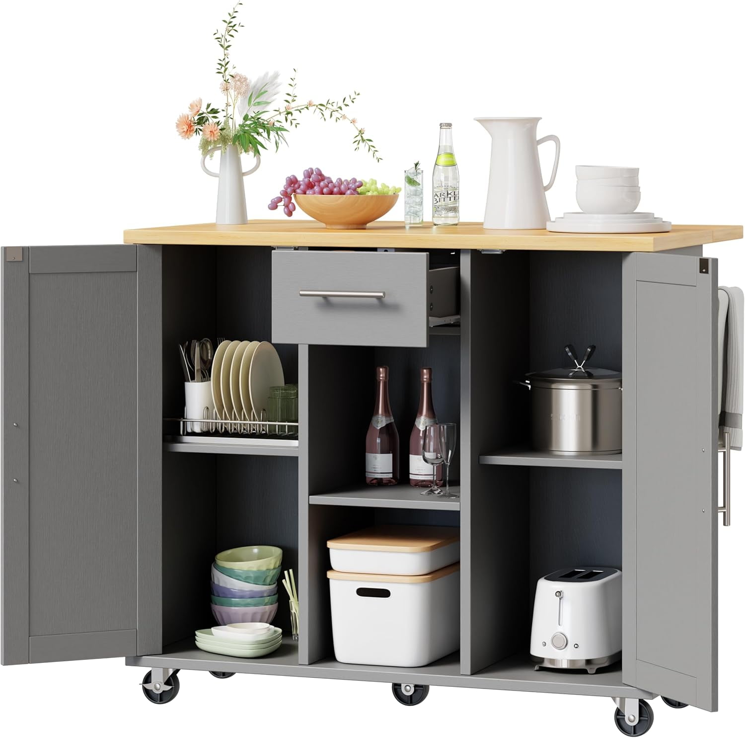 JY QAQA 42" Kitchen Island with Storage on Wheels, Rolling Table with ...