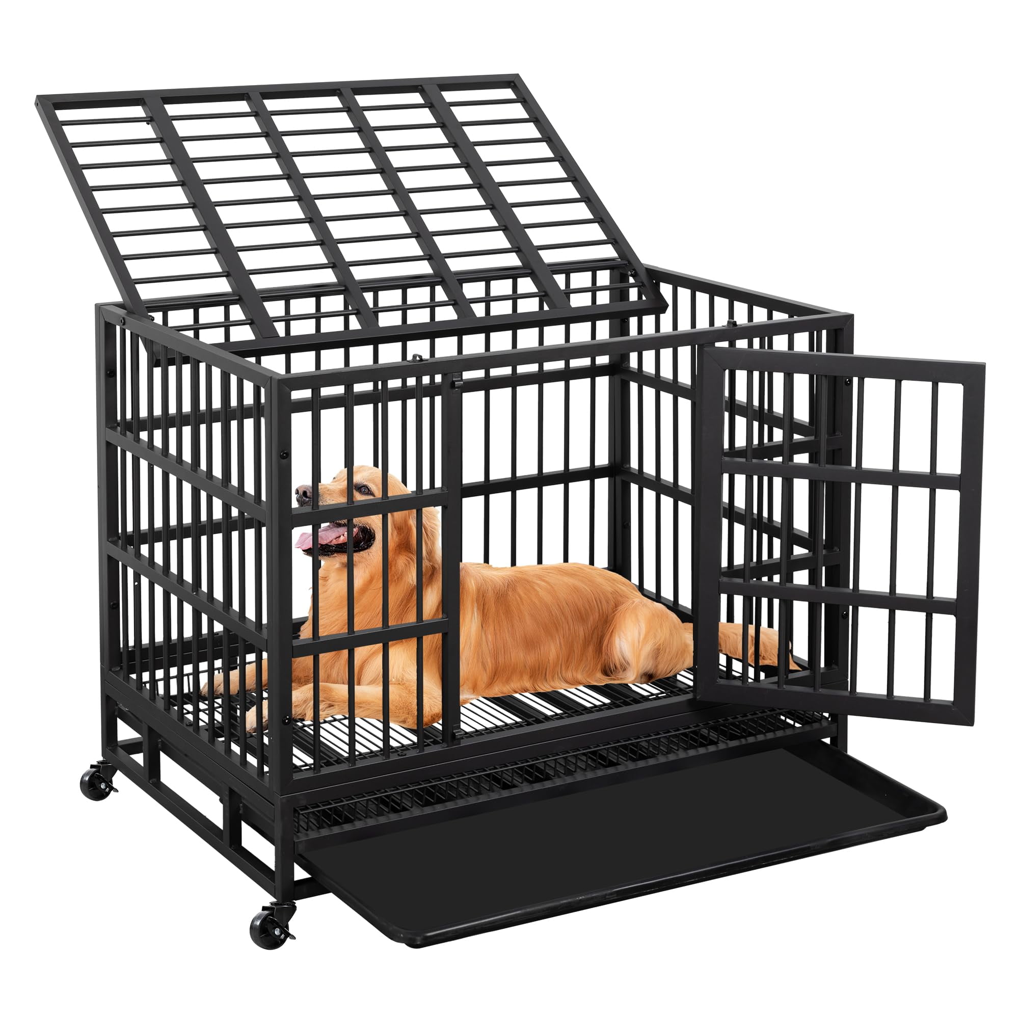 JY QAQA 48/38 Inch Heavy Duty Dog Crate Indestructible Metal Cage ...