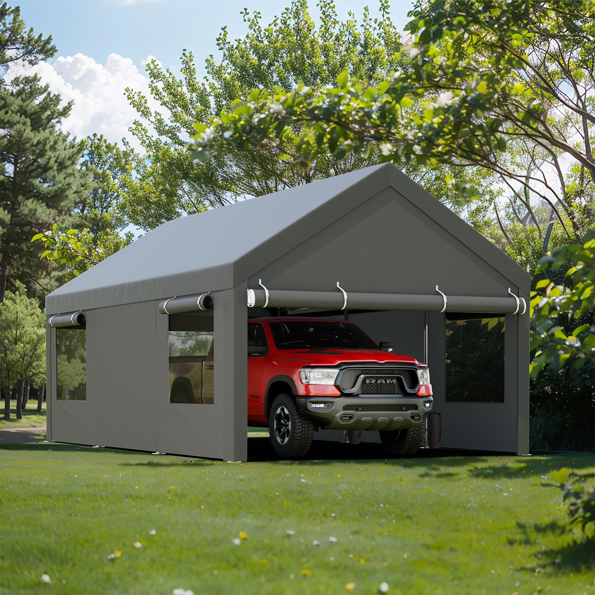 JY QAQA Heavy Duty 12x20 FT Carport with Roll-Up Windows Doors ...