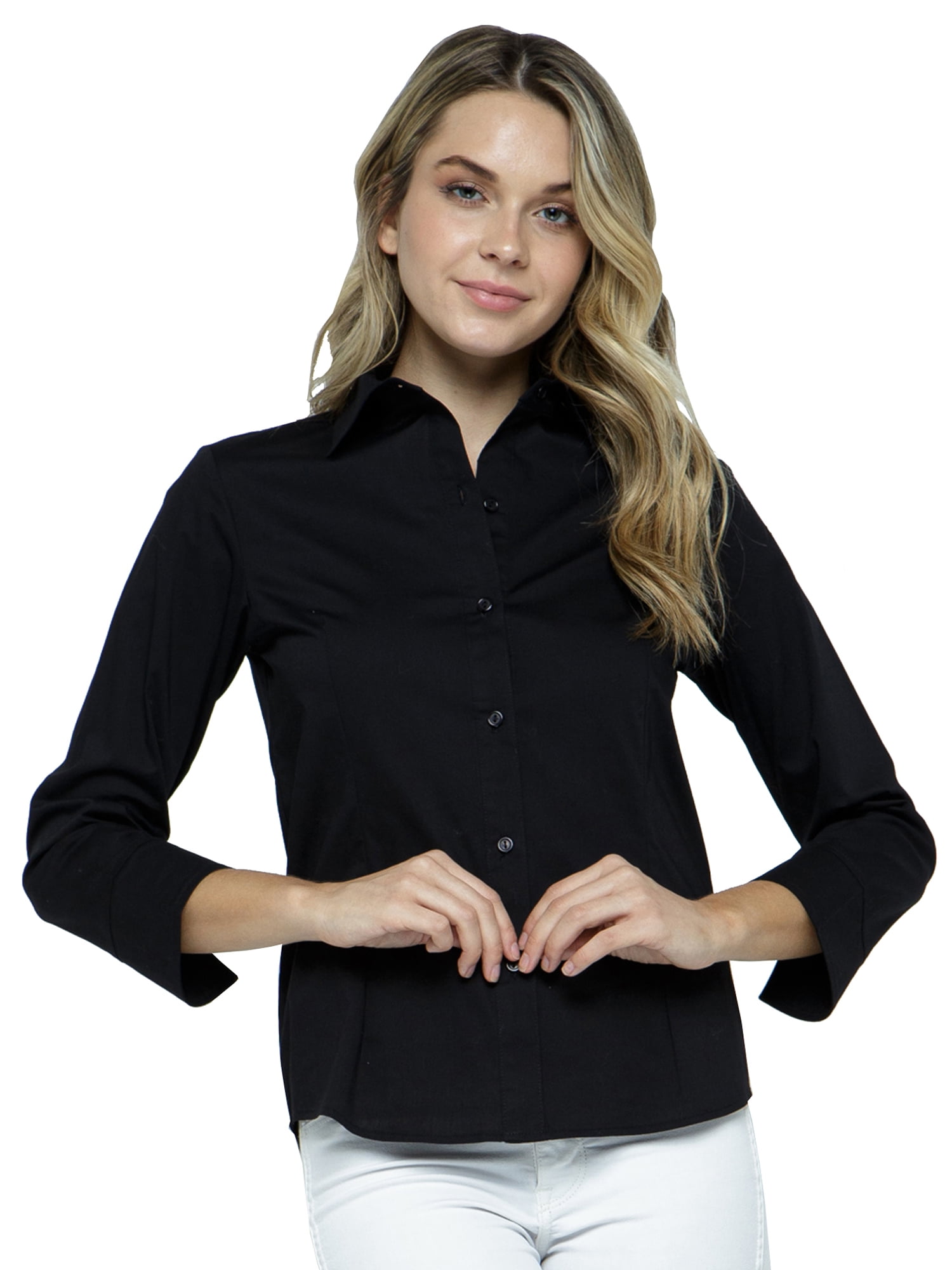 JYB CO Women's 3/4 Sleeve Premium Cotton Stretchy Button Down Collar Office Formal Casual Shirt ...