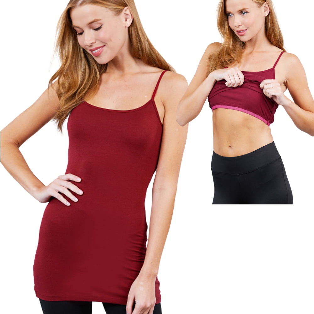 JYB CO Women's & Juniors Basic Adjustable Spaghetti Strap Long Camisole with Built in Shelf Bra ...