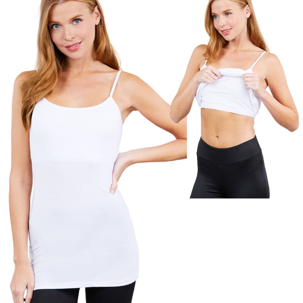 JYB CO Women's & Juniors Basic Adjustable Spaghetti Strap Long Camisole with Built in Shelf Bra ...