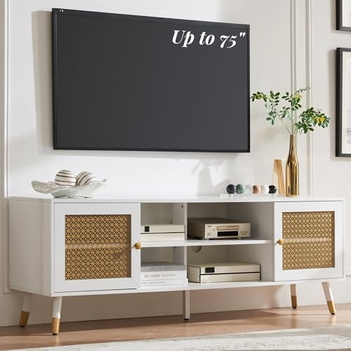 JYED Mid Modern TV Stands for Living Room, White TV Stand for TVs up to ...