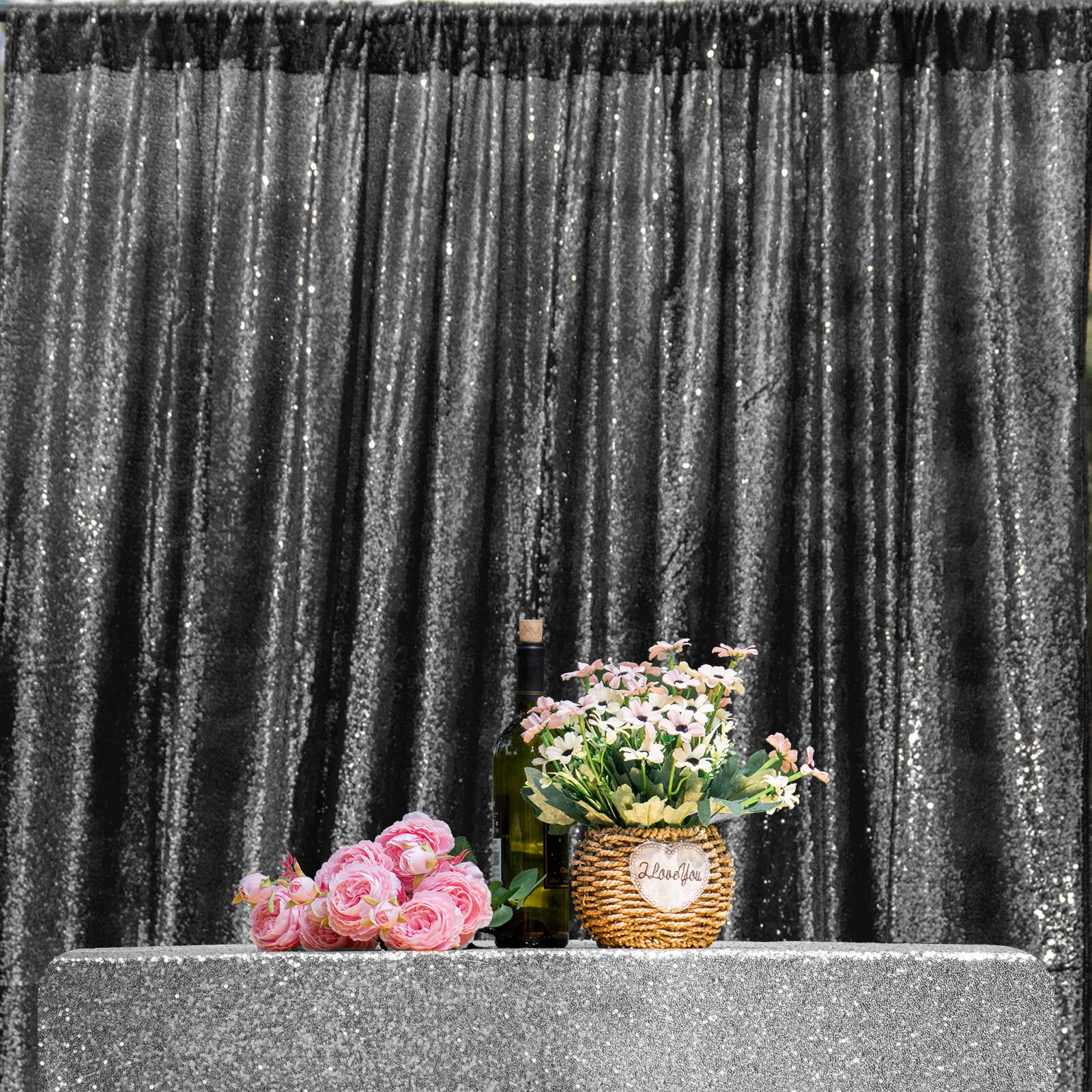 JYFLZQ 8ft x 8ft Black Sequin Shimmer Backdrop Curtain for Party ...