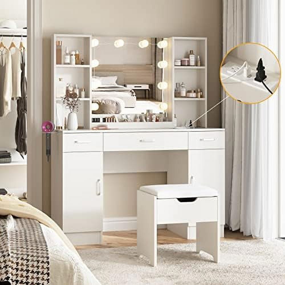 JYHOME Vanity Table with Lighted Mirror & Power Strip Large Vanity Set ...