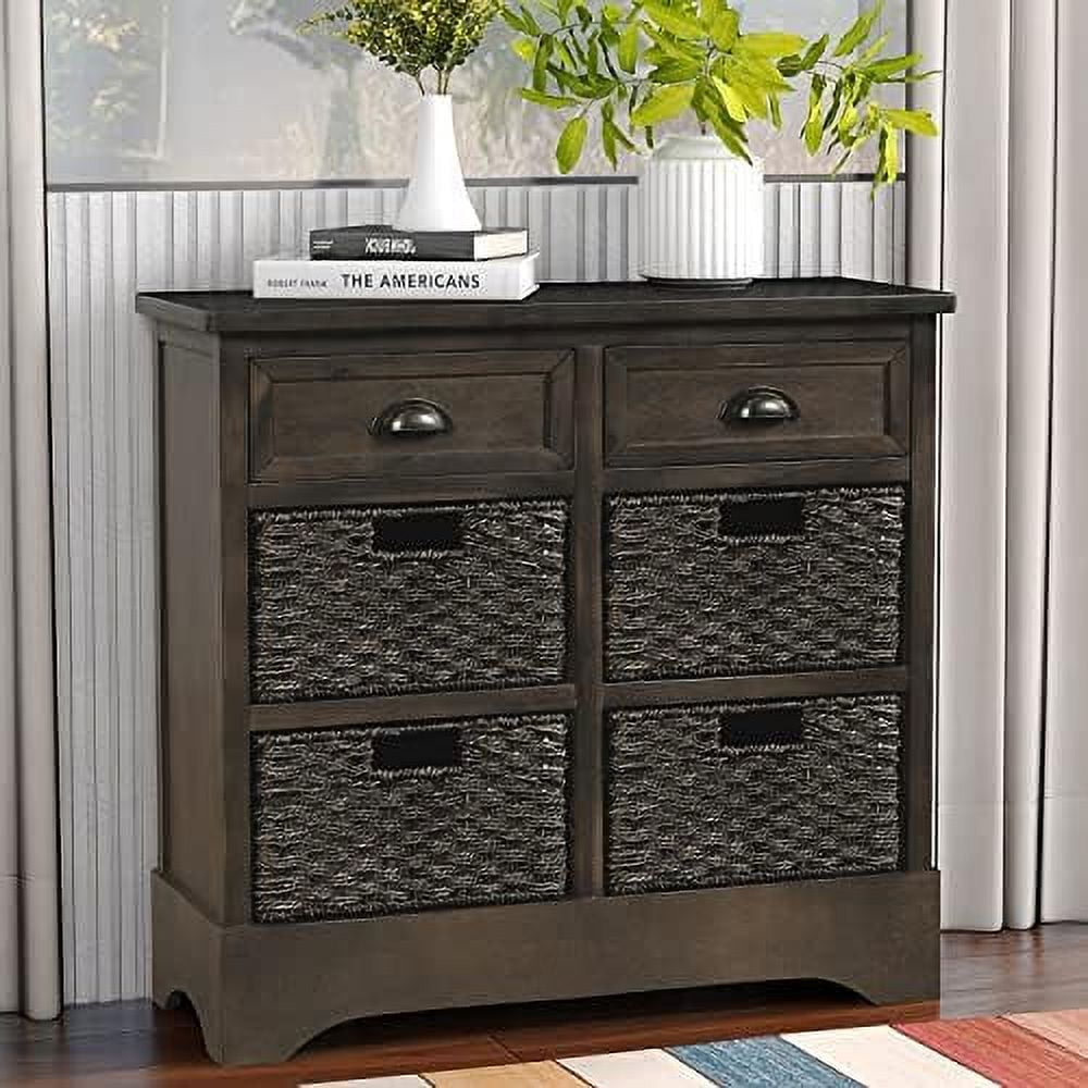 JYHOME Wood Cabinet Ancent Cabinet with 2 Drawers and 4 Rattan Baskets ...
