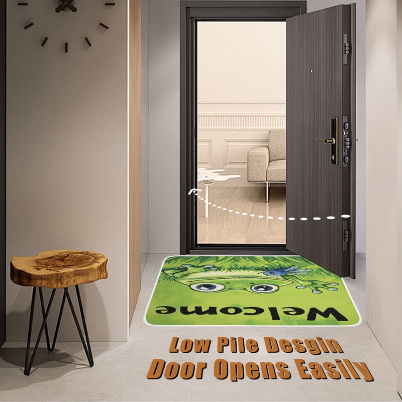 JYK Crystal Velvet Rug Cute Green Frog And Bug Welcome Cartoon Print ...