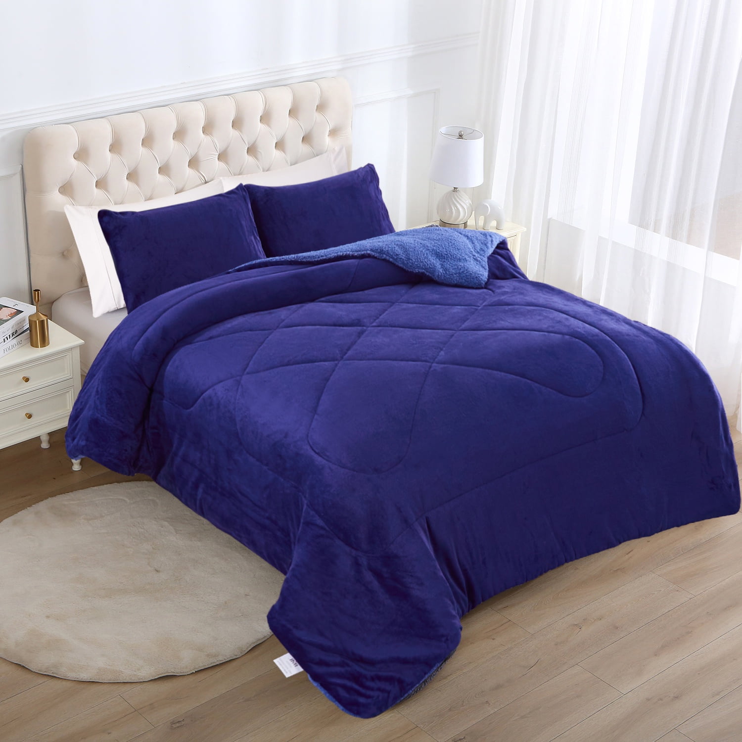 JYK Soft Heavy Thick Sherpa Bed Blanket, Queen Size, Navy, 3-Pieces ...