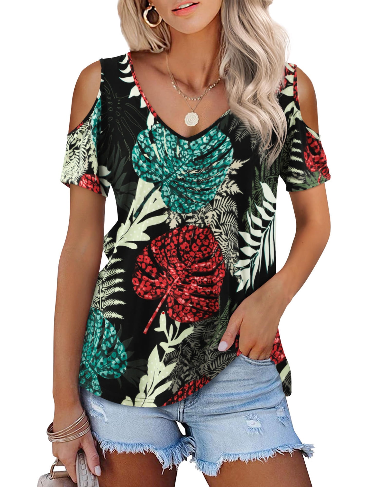 JYLFC Cold Shoulder Shirts for Womens Short Sleeve Summer Tropic Print ...