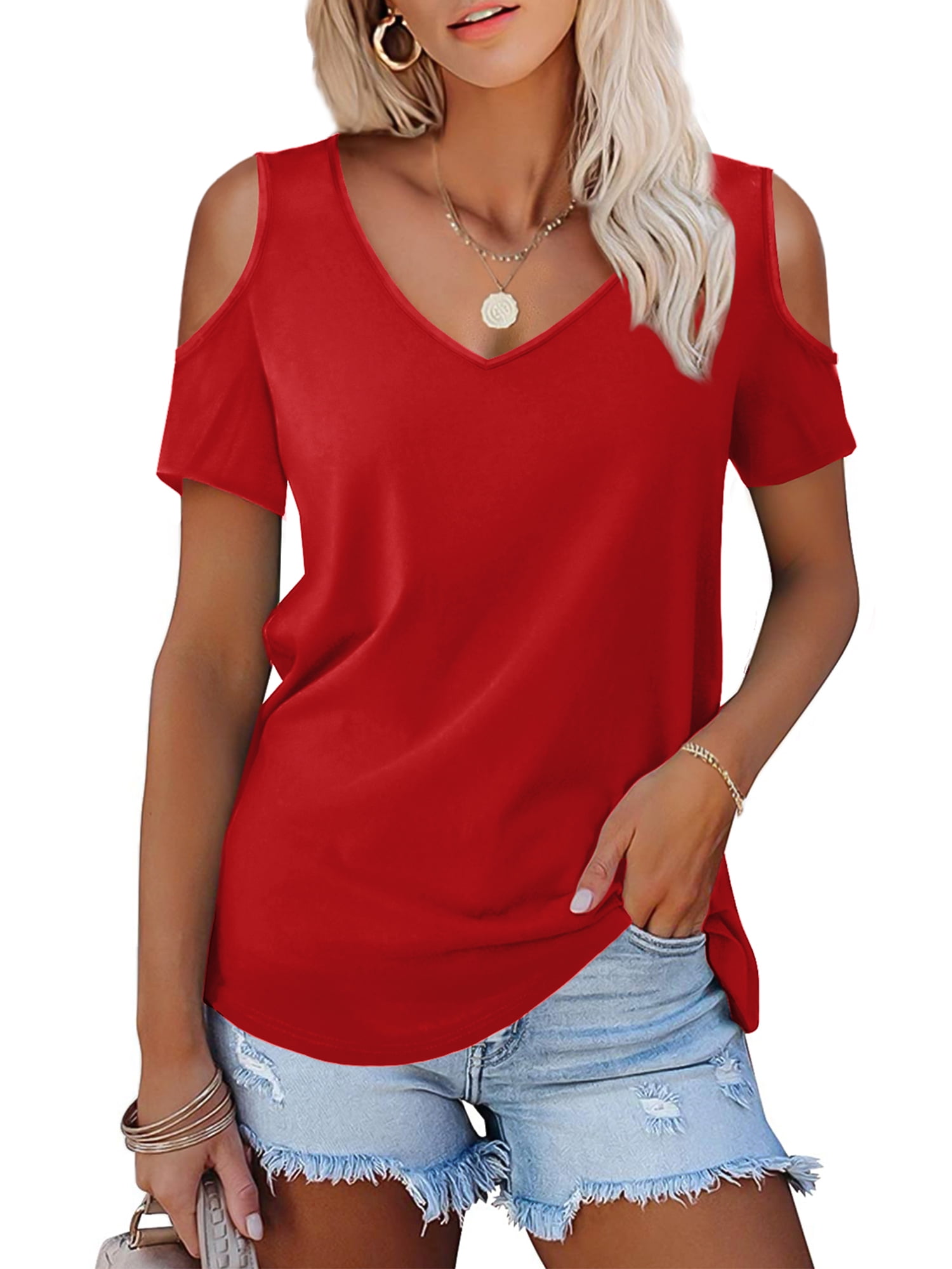 JYLFC Cold Shoulder Shirts for Womens V Neck Short Sleeve Summer Tee ...
