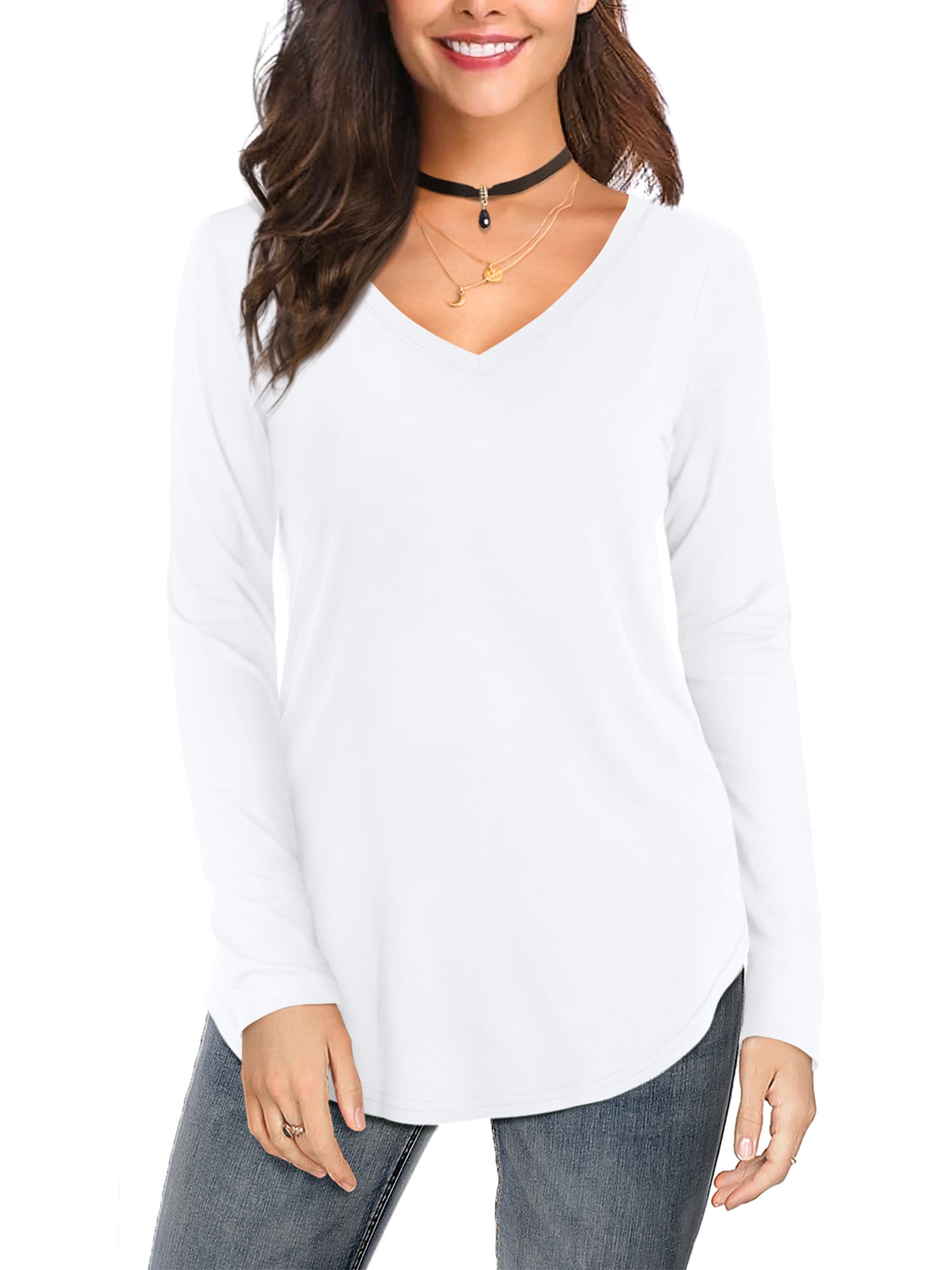 JYLFC Plus Size Long Sleeve Tops for Women V Neck Loose Basic Top with ...