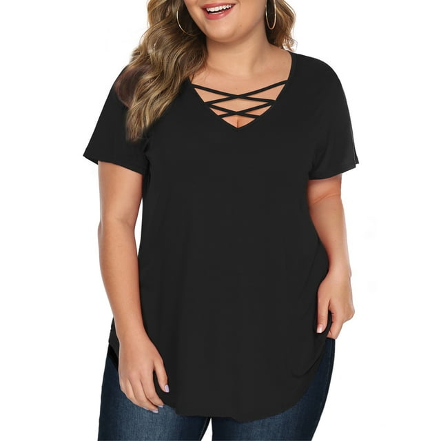 JYLFC Plus Size Shirts for Women Criss Cross Neck Short Sleeve T-Shirts ...