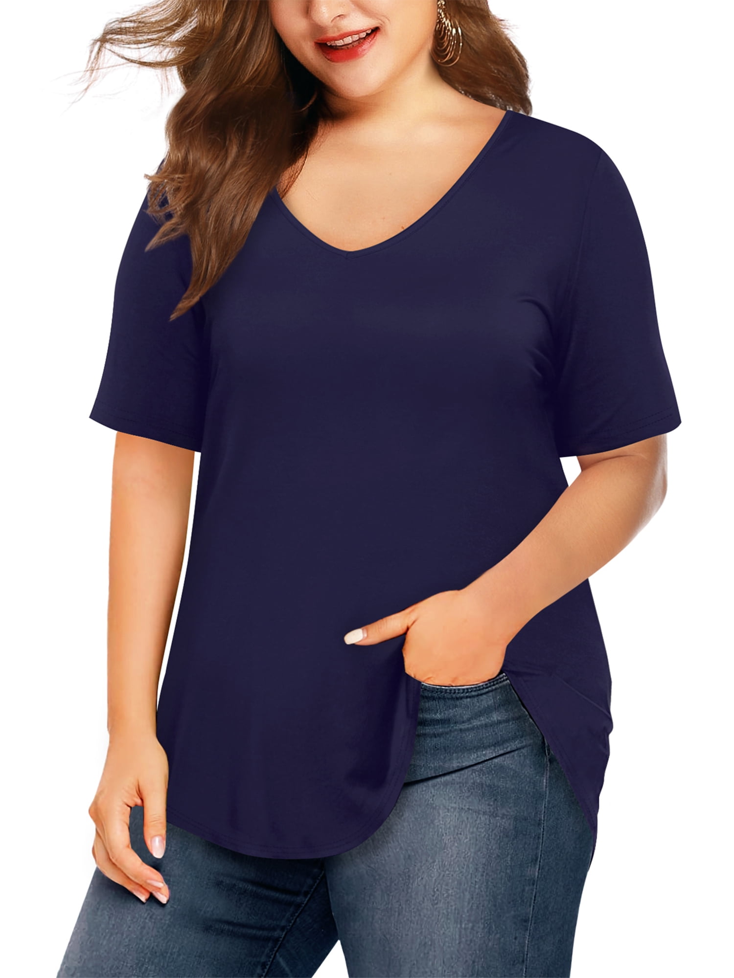 JYLFC Plus Size Shirts for Women, Navy 3XL, V Neck Short Sleeve Tunic T ...
