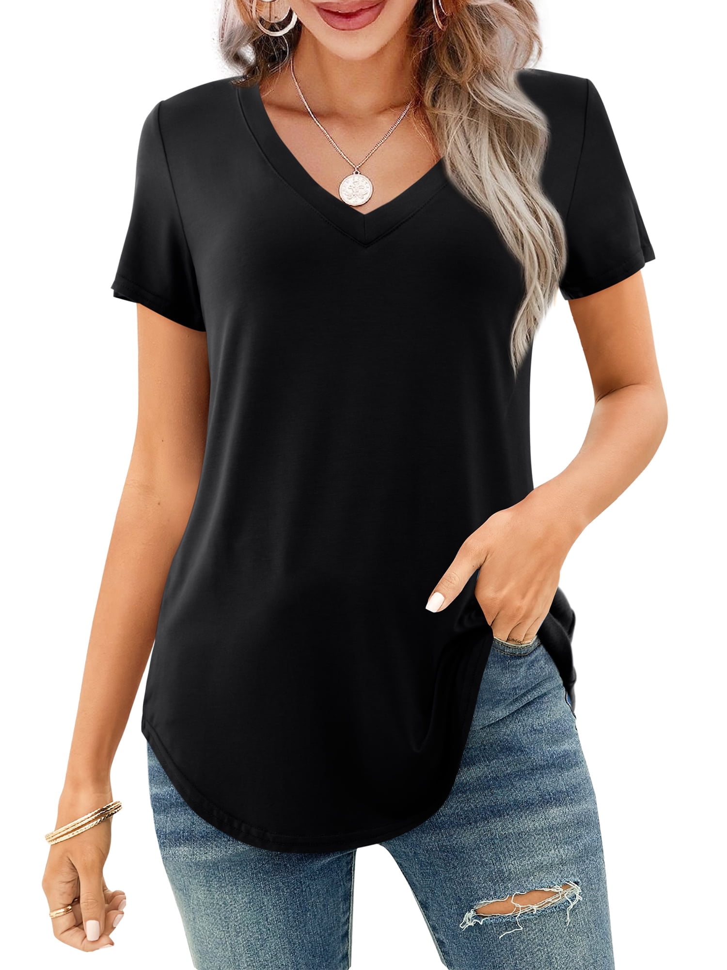 JYLFC Short Sleeve V Neck Loose Summer Top for Women Black - Walmart.com