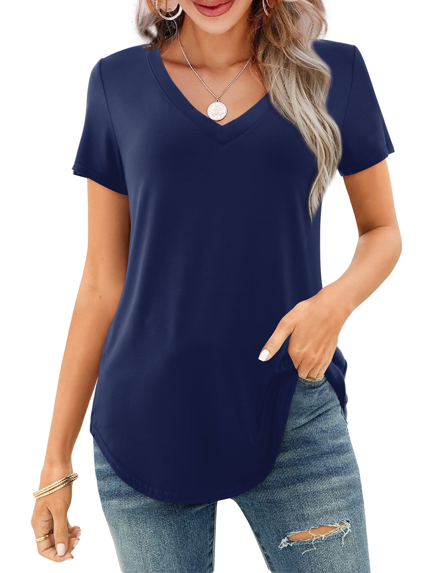 JYLFC Short Sleeve Tops for Women V Neck Loose Summer Basic Top, Navy M ...