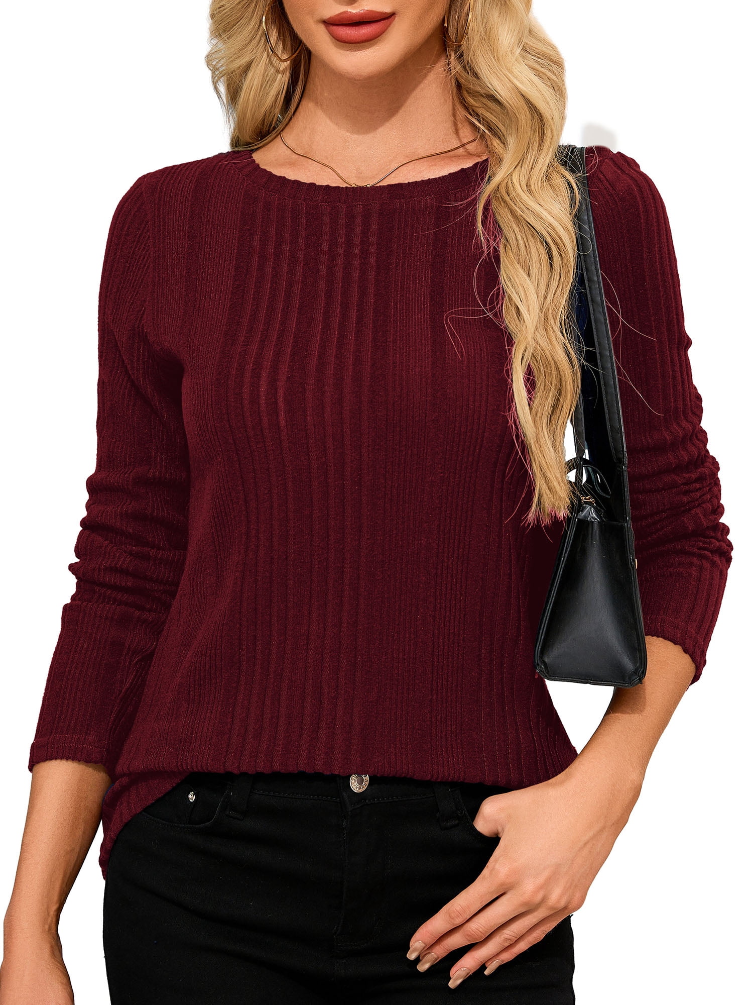 JYLFC Women Casual Long Sleeve Sweaters Fit Crew Neck Pullover Burgundy ...