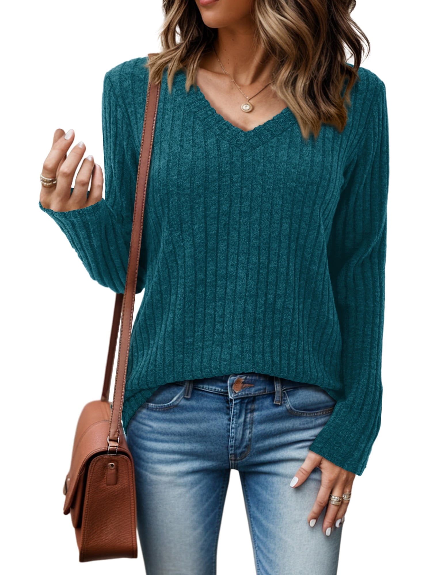 JYLFC Women Long Sleeve V-Neck Sweatshirts Brushed Tunic Sweaters, Blue ...