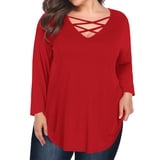 JYLFC Women Plus Size Long Sleeve T Shirts Criss Cross Neck Blouse, Red ...