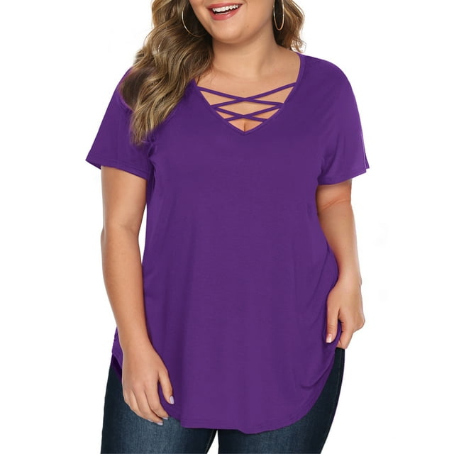 Jylfc Women Plus Size Short Sleeve T Shirts Criss Cross Neck Summer