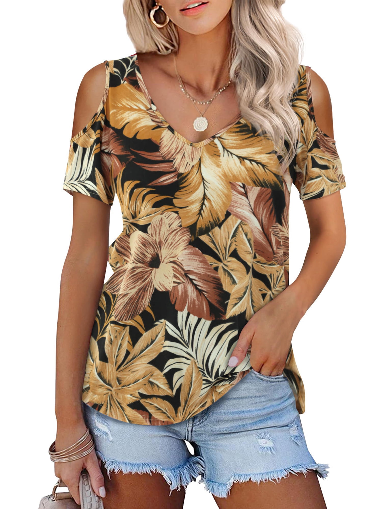 JYLFC Women Short Sleeve Tee Blouse V Neck Cold Shoulder Soft Shirts ...