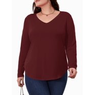 JYLFC Women Plus Size T-Shirts Long Sleeve Tee V Neck Loose Tops Solid ...