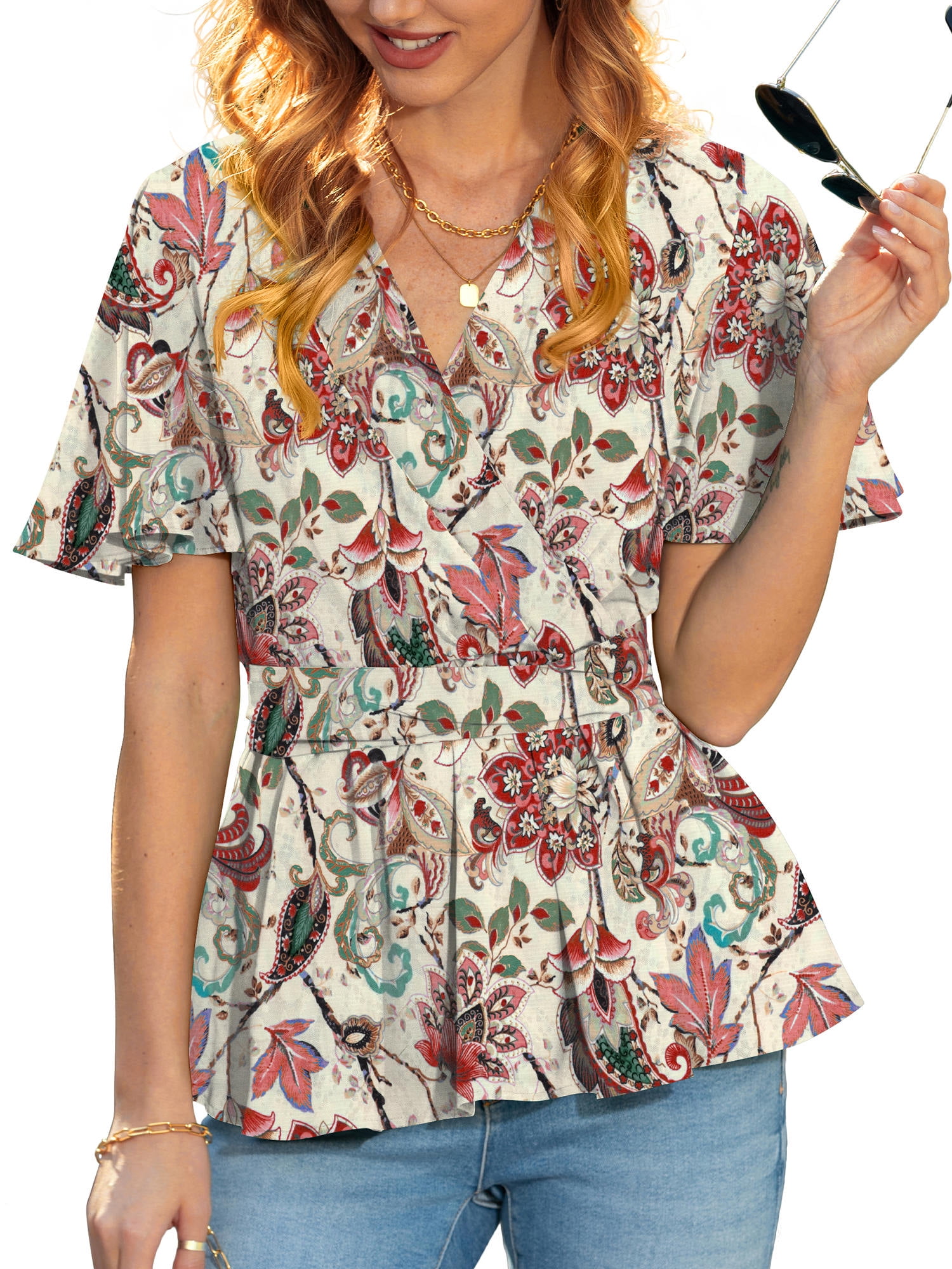 JYLFC Womens Peplum Tops, V-Neck Wrap Blouse, Short Sleeve, Ruffle Hem ...