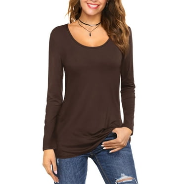 MOSHU V-neck T Shirts for Women Casual Long Sleeve Tunic Tops Curve Hem Fall Button Shirts ...