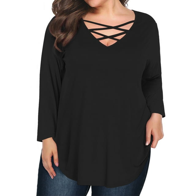 JYLFC Womens Shirts Long Sleeve Plus Size Criss Cross Neck Tee Shirts ...