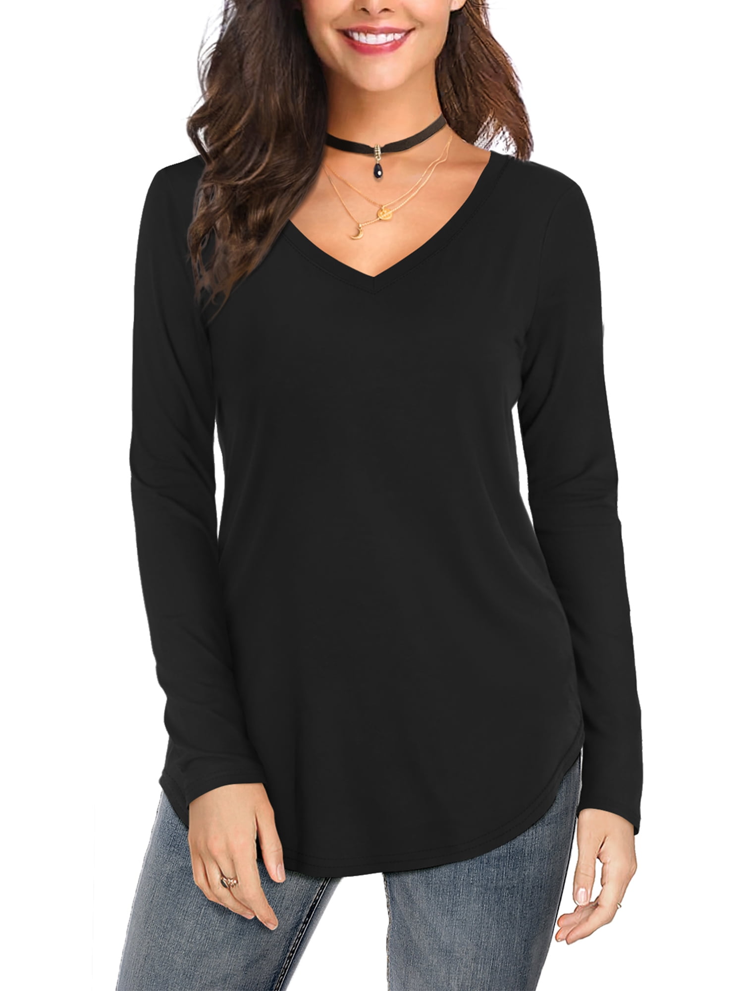 JYLFC Womens Shirts Long Sleeve V Neck Loose Casual Basic Tops, Black ...
