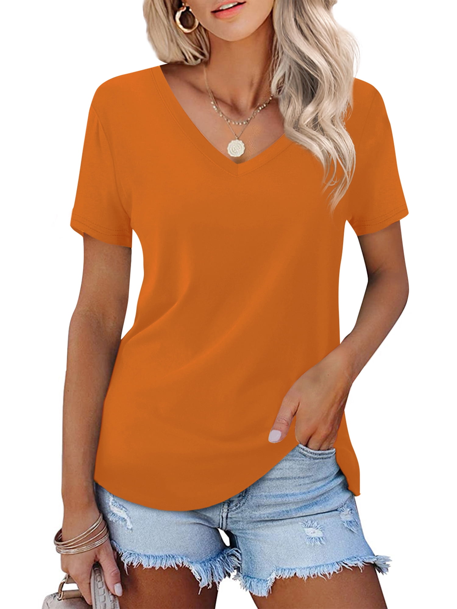 JYLFC Womens T-shirts V Neck Short Sleeve Tops Summer Casual Shirts ...