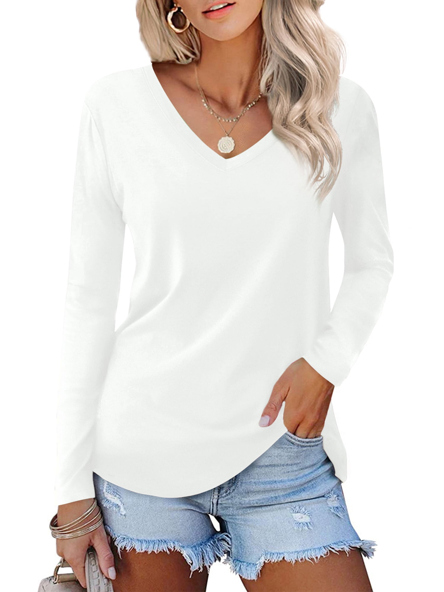 JYLFC Womens V Neck T-Shirts Casual Basic Shirts Long Sleeve Tops ...